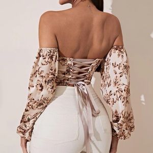 Tops | Boho Green Floral Print Lace Up Back Satin Bustier Corset Tube ...